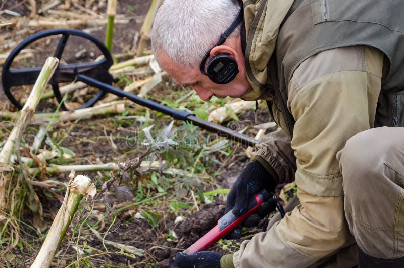 A Man with a Pinpointer in His Hand is Looking for a Find in the Ground ...