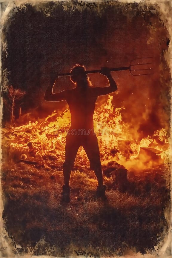 Man with Pitchfork by the Fire, Light Graphic Effect. Stock Image ...