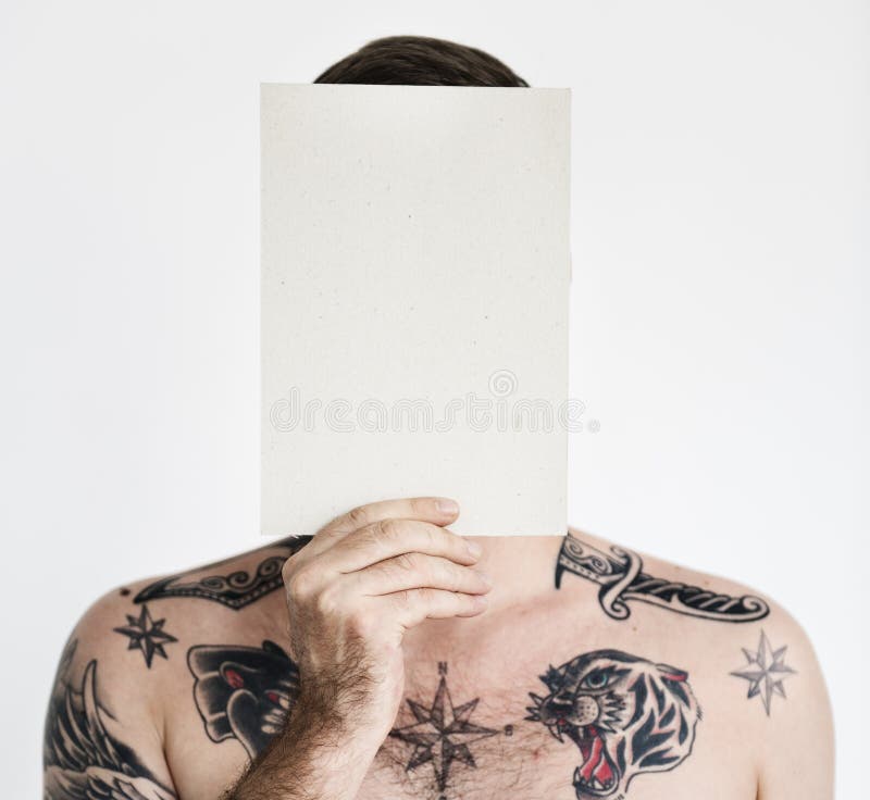 Man Placard Face Covered Copy Space Arts Tattoo Concept Stock Photo ...