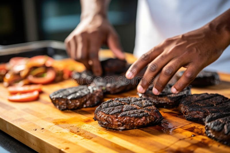 Man Placing Charred Burger Patties on Bun Stock Photo - Image of ...
