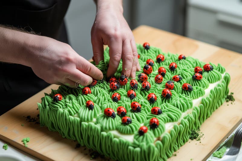 Man Placing Fondant Ladybugs on Cake with Green Icing Hedges Stock ...