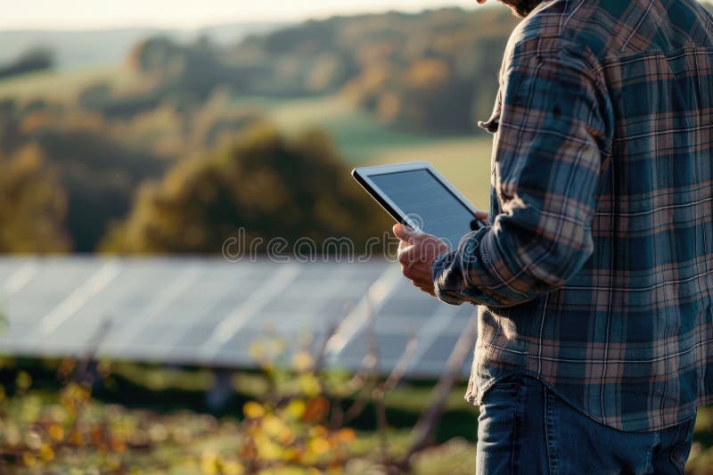Man in Plaid Shirt Using a Tablet To Analyze Solar Panel Performance in ...