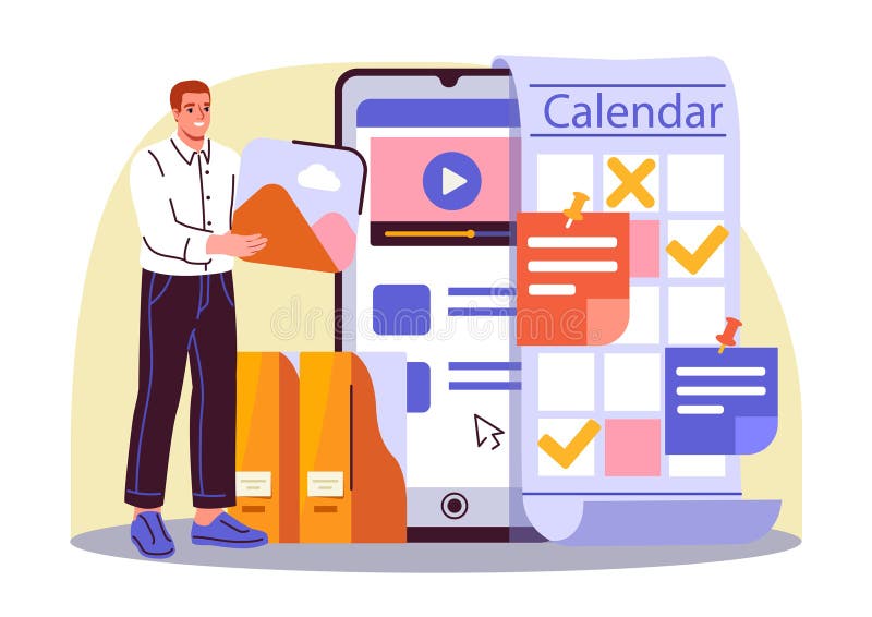 Man Planning Content with Calendar App. Vector Illustration Stock ...