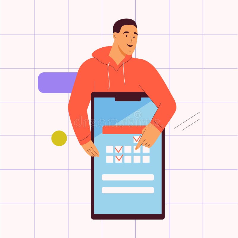 Man Planning Events on Calendar Using Huge Smartphone Stock Vector ...