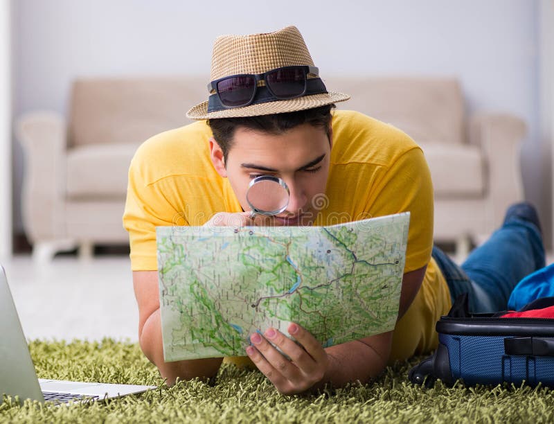The Man Planning His Vacation Trip with Map Stock Photo - Image of ...