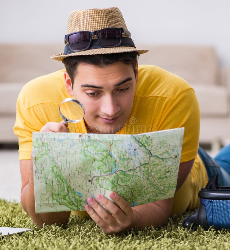 Man Planning His Vacation Trip with Map Stock Photo - Image of location ...