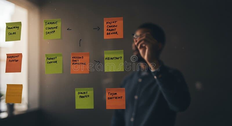 Man Planning Strategy with Sticky Notes on Glass Wall in Office Stock ...