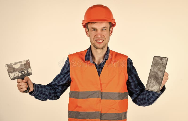 Man Plasterer with Tools Wear Protective Hard Hat, Interior Design ...