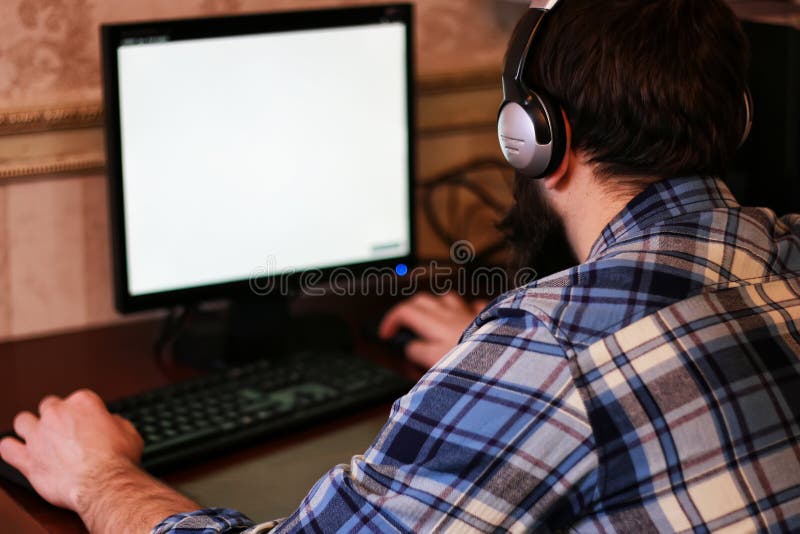 Man Play Computer with Headphones Stock Photo - Image of desktop ...