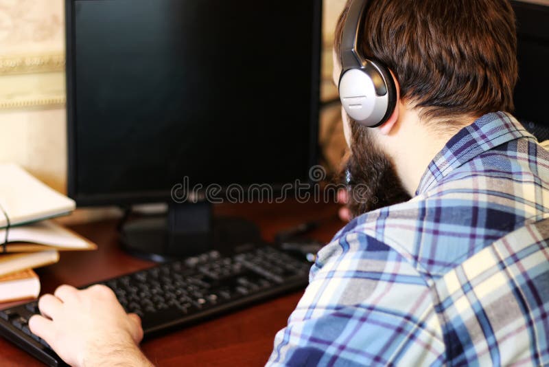Man Play Computer with Headphones Stock Photo - Image of activity ...