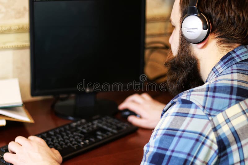 Man Play Computer with Headphones Stock Photo - Image of keyboard, male ...