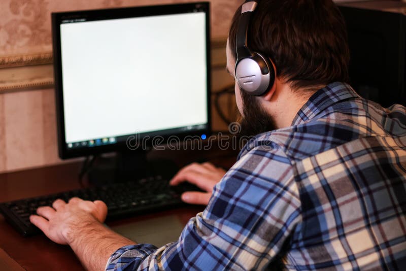 Man Play Computer with Headphones Stock Photo - Image of leisure ...