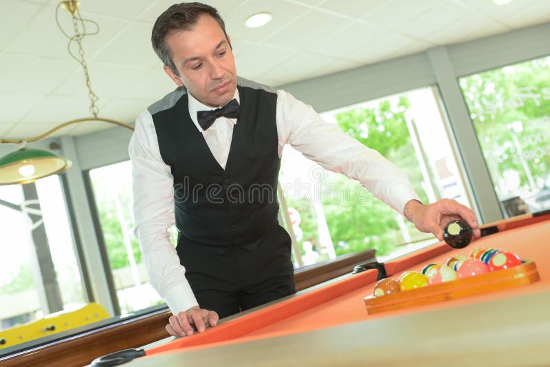 Man Playing Billiards and Smiling in Billiard Club Stock Photo - Image ...