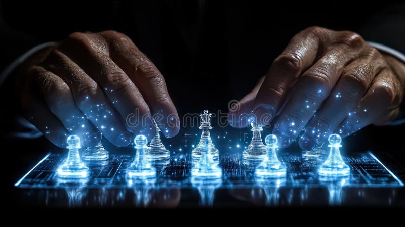 Man is Playing Chess on a Tablet with a Blue Background Stock Photo ...