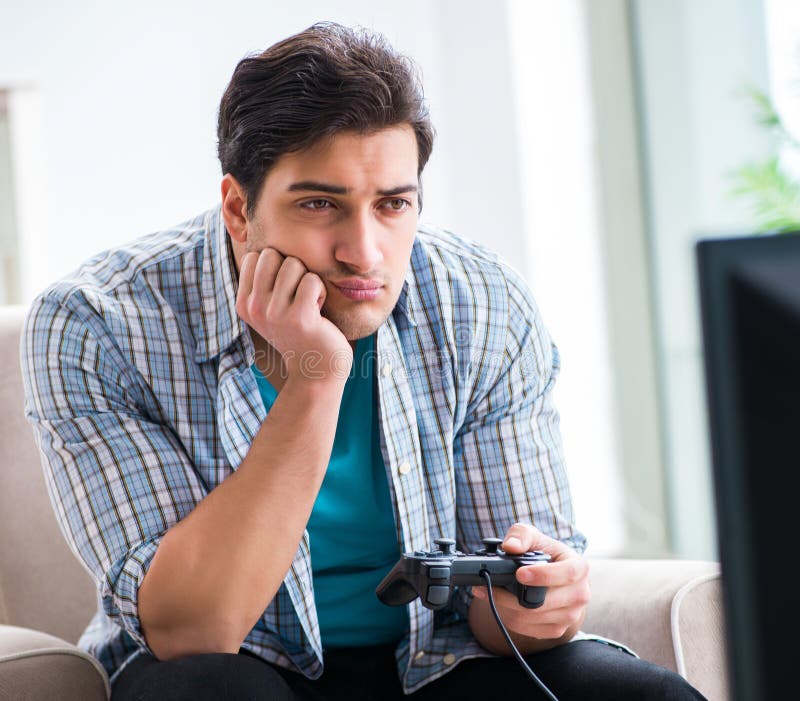 Man Playing Computer Game at Home Stock Photo - Image of electronic ...