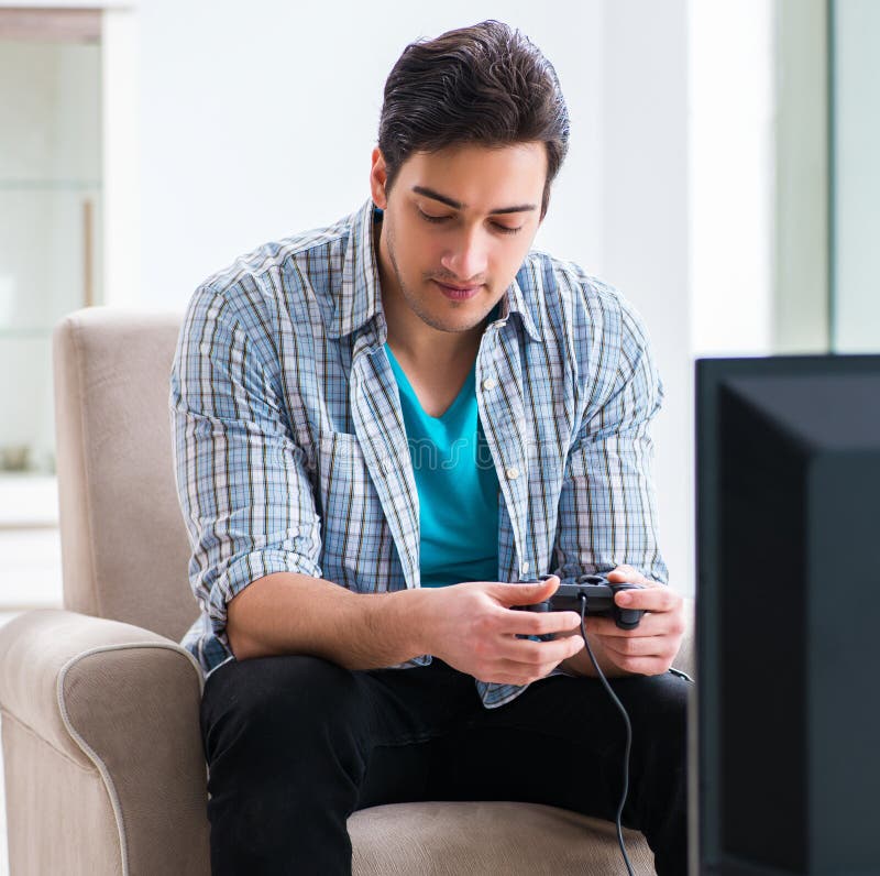 Man Playing Computer Game at Home Stock Photo - Image of leisure ...