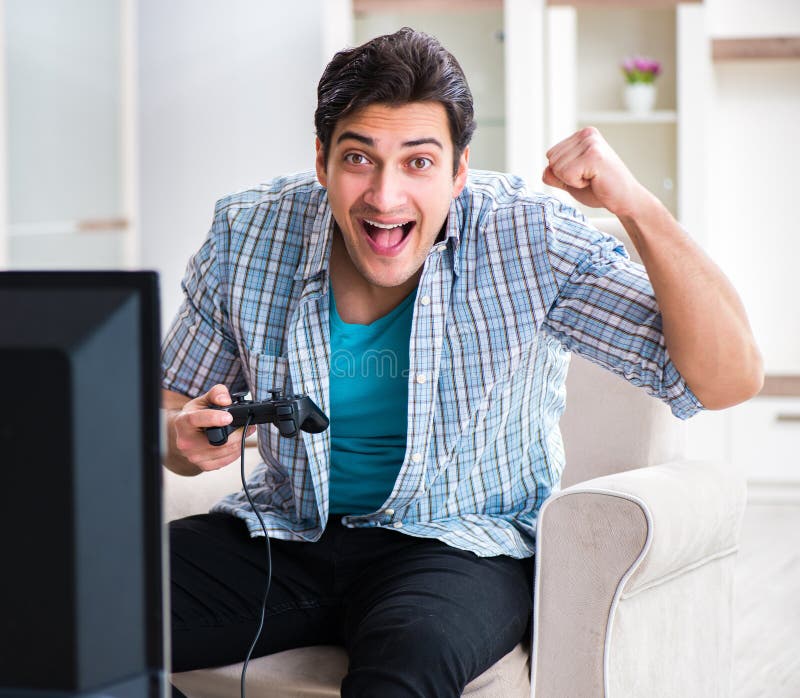 Man Playing Computer Game at Home Stock Photo - Image of happy, digital ...