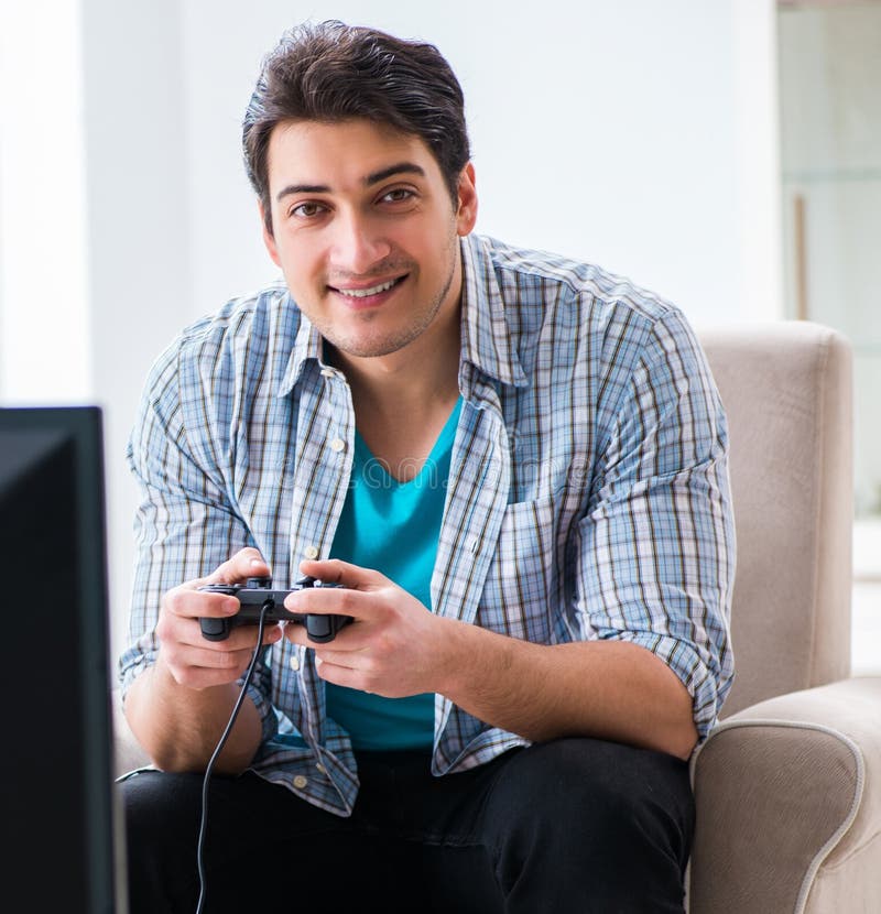Man Playing Computer Game at Home Stock Image - Image of dependent ...