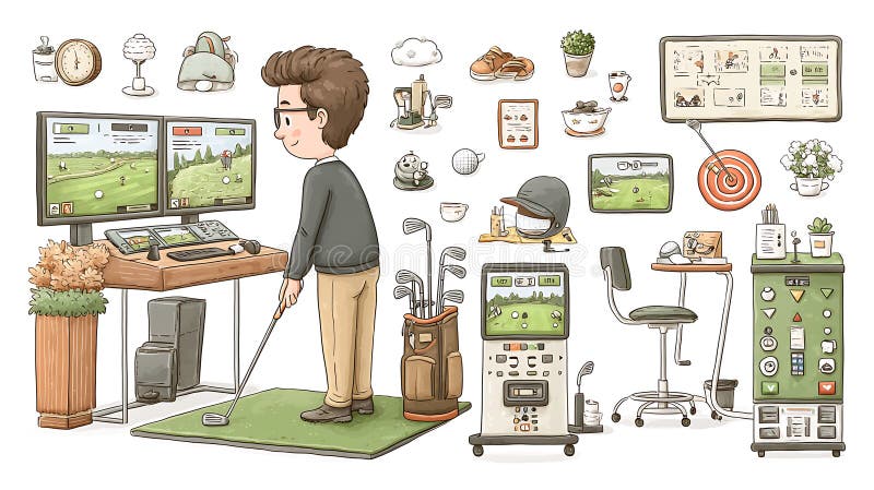 Man Playing Golf Simulation Game at Home Office Stock Illustration ...