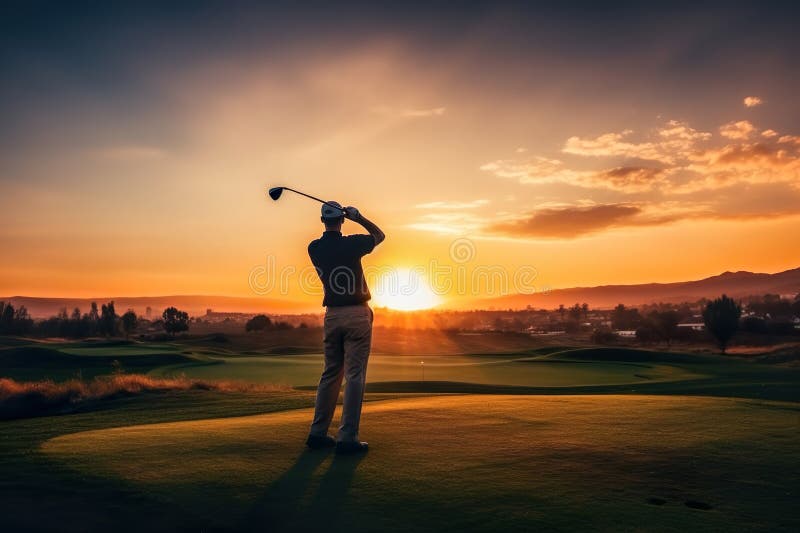 Man Playing Golf Sports in Front of Beautiful Sunset Backdrop ...