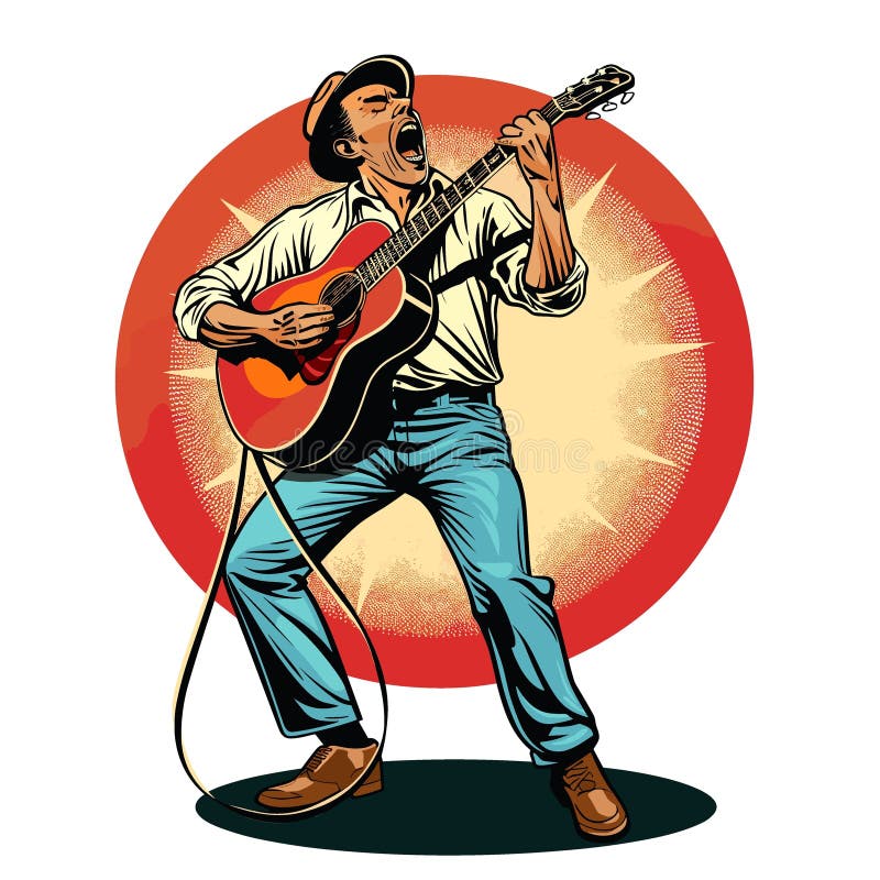 A Man Playing a Guitar with a Microphone in Retro Comic Style. Stock ...