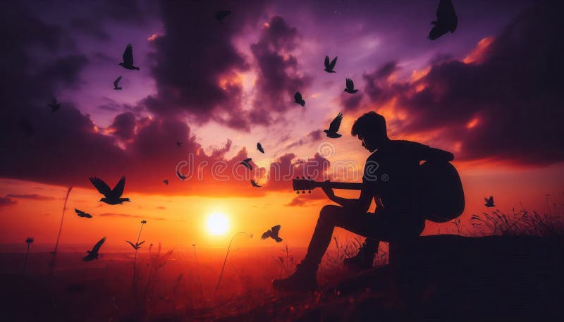 Man Playing Guitar at Sunset Stock Illustration - Illustration of light ...