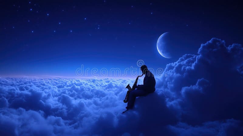Man Playing Jazz with Saxophone on Cloud Under Starry Night Sky, Dreamy ...