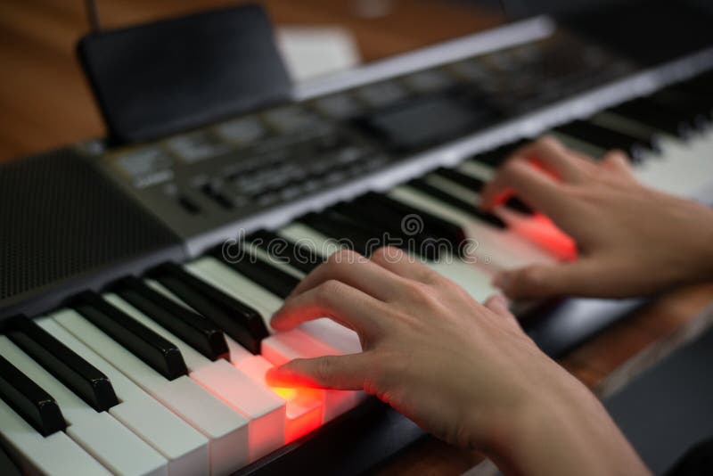 Man Playing Keyboard with Lighting and Looking at a Display of a Stock ...