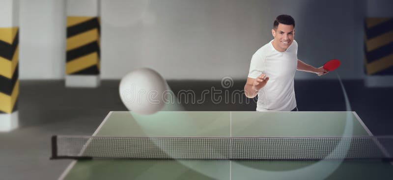 Man Playing Ping Pong in Car Parking Garage. Banner Design Stock Photo ...