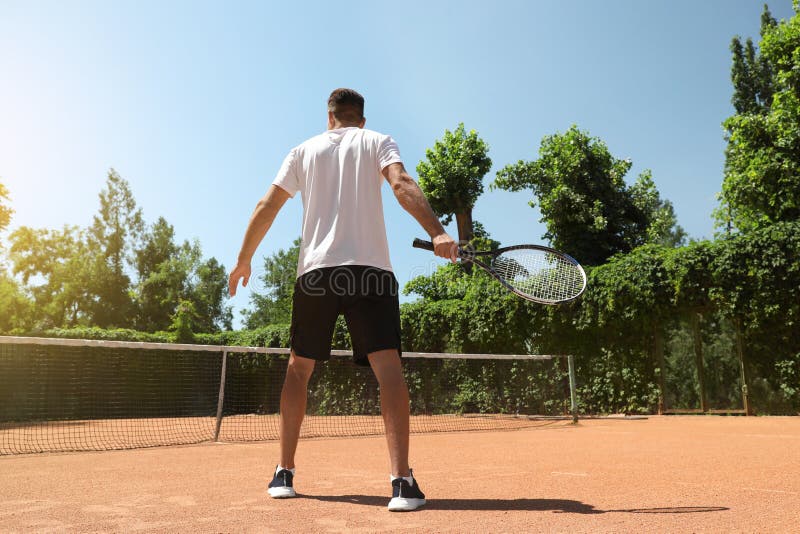 Man Playing Tennis on Court, Back View Stock Photo - Image of adult ...