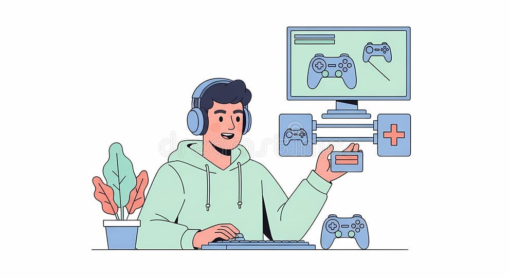 Man Playing Video Game on Computer with Headset and Controller Stock ...