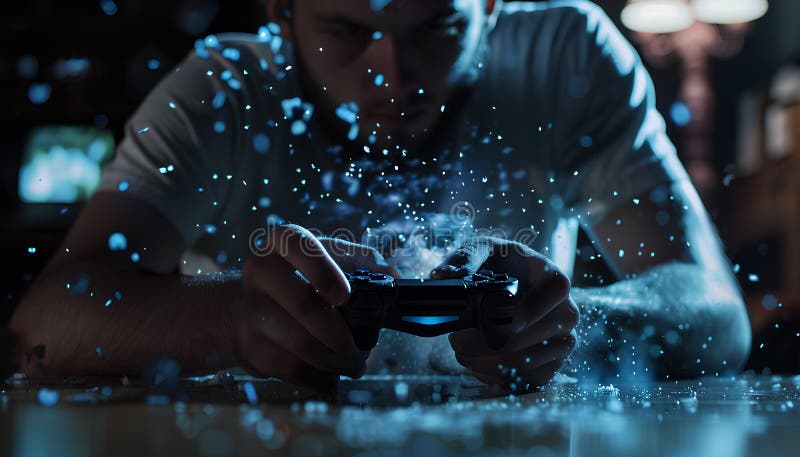 Man Playing Video Game with Controller at Table Indoors, Closeup ...