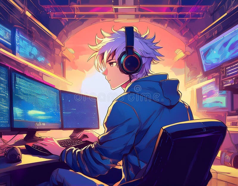 Man Playing Video Games and Coding Software in Anime Style Illustration ...