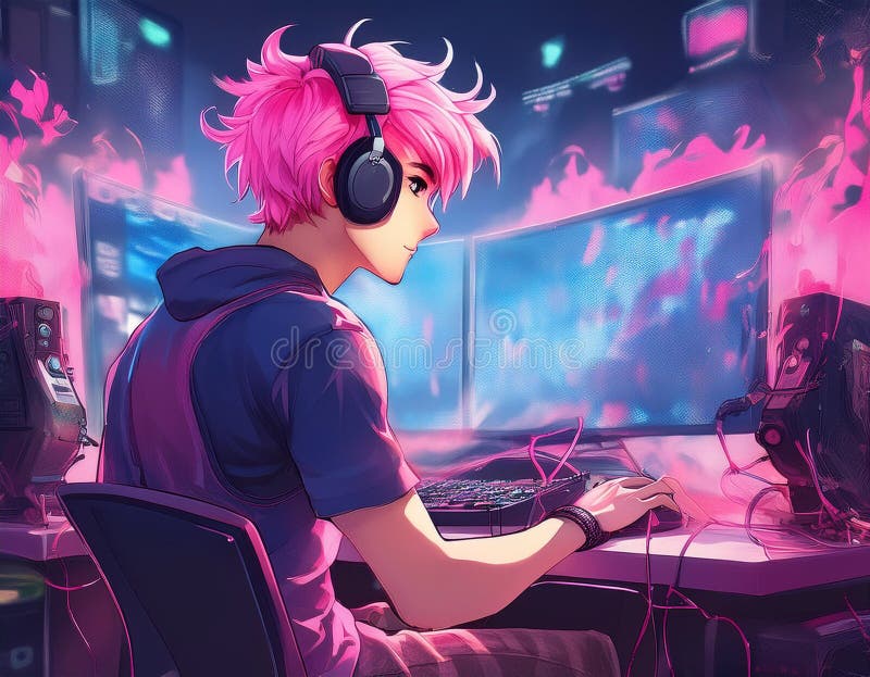 Man Playing Video Games and Coding Software in Anime Style Illustration ...