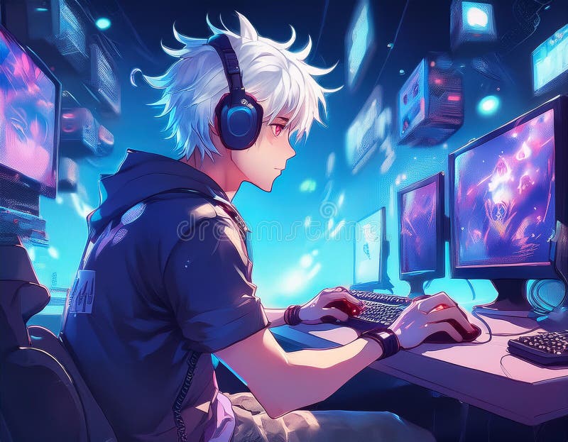 Man Playing Video Games and Coding Software in Anime Style Illustration ...