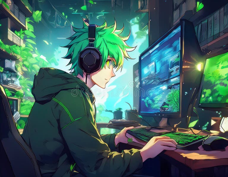 Man Playing Video Games and Coding Software in Anime Style Illustration ...