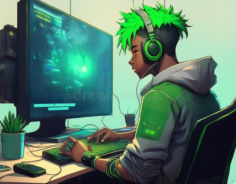 Man Playing Video Games and Coding Software in Anime Style Illustration ...