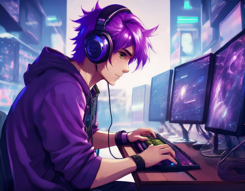 Man Playing Video Games and Coding Software in Anime Style Illustration ...