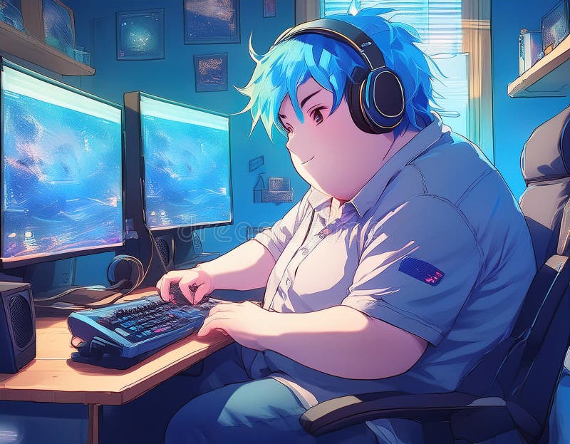 Man Playing Video Games and Coding Software in Anime Style Illustration ...