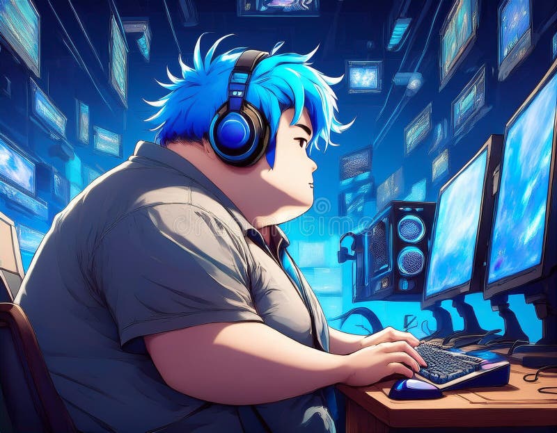 Man Playing Video Games and Coding Software in Anime Style Illustration ...