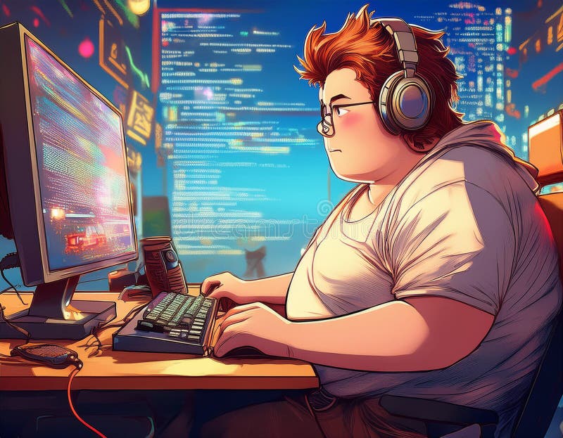 Man Playing Video Games and Coding Software in Anime Style Illustration ...