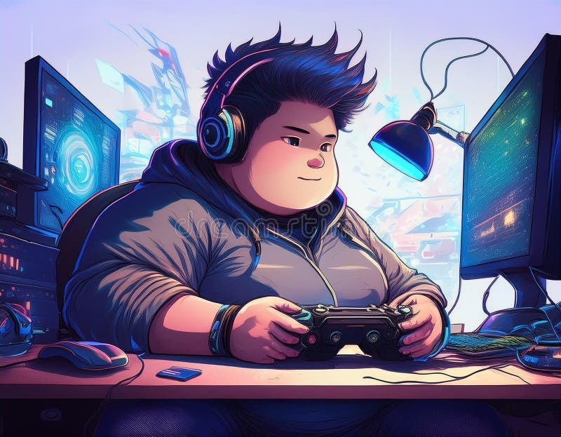 Man Playing Video Games and Coding Software in Anime Style Illustration ...