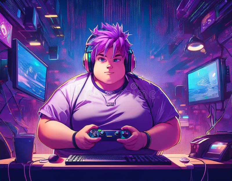 Man Playing Video Games and Coding Software in Anime Style Illustration ...