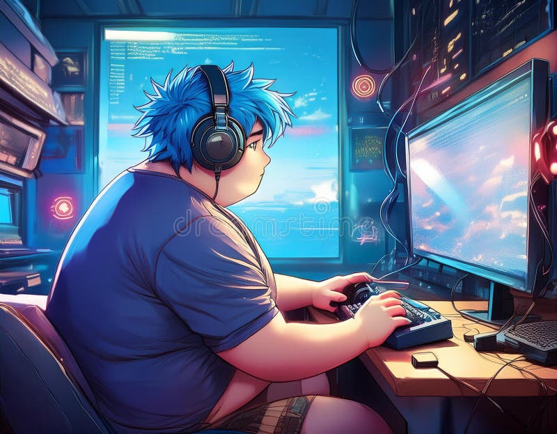 Man Playing Video Games and Coding Software in Anime Style Illustration ...