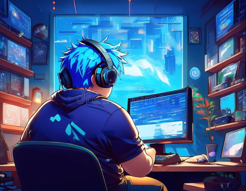 Man Playing Video Games and Coding Software in Anime Style Illustration ...
