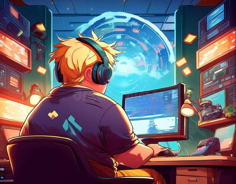 Man Playing Video Games and Coding Software in Anime Style Illustration ...