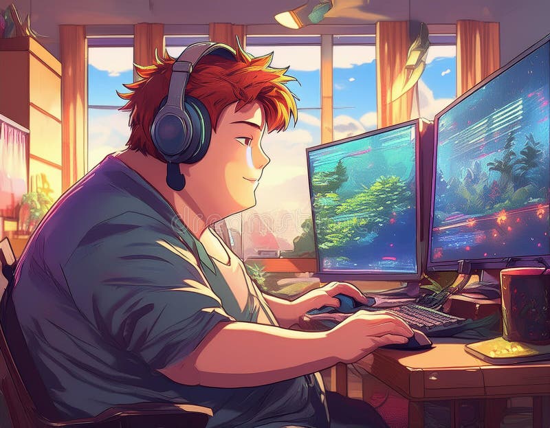 Man Playing Video Games and Coding Software in Anime Style Illustration ...