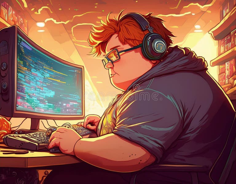 Man Playing Video Games and Coding Software in Anime Style Illustration ...