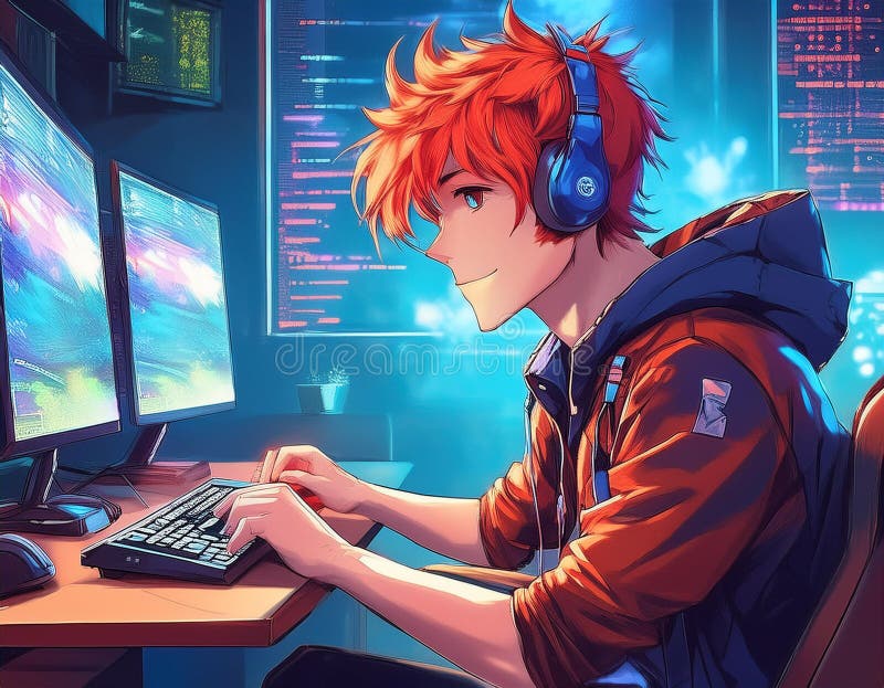 Man Playing Video Games and Coding Software in Anime Style Illustration ...
