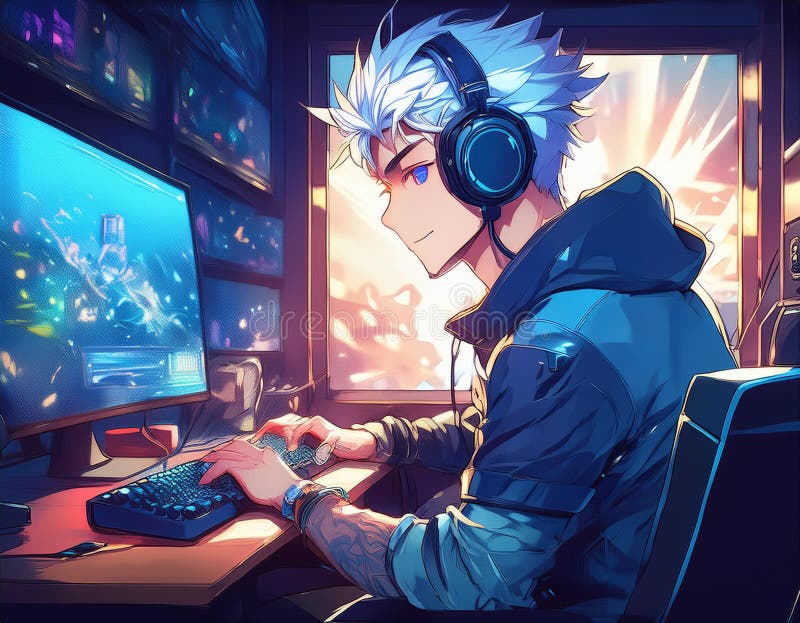Man Playing Video Games and Coding Software in Anime Style Illustration ...
